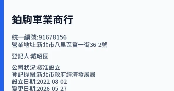 鉑駒車業商行的照片-統編 91678156(新北市) 公司登記資料與營業項目詳細圖表