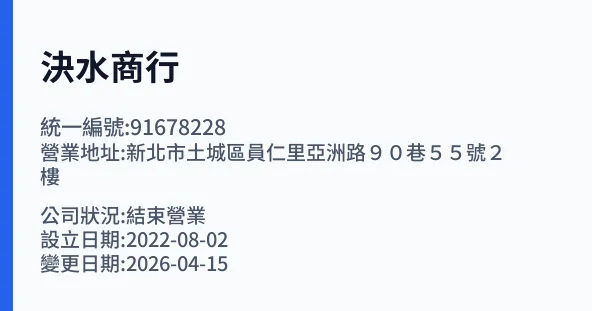 決水商行的照片-統編 91678228(新北市) 公司登記資料與營業項目詳細圖表