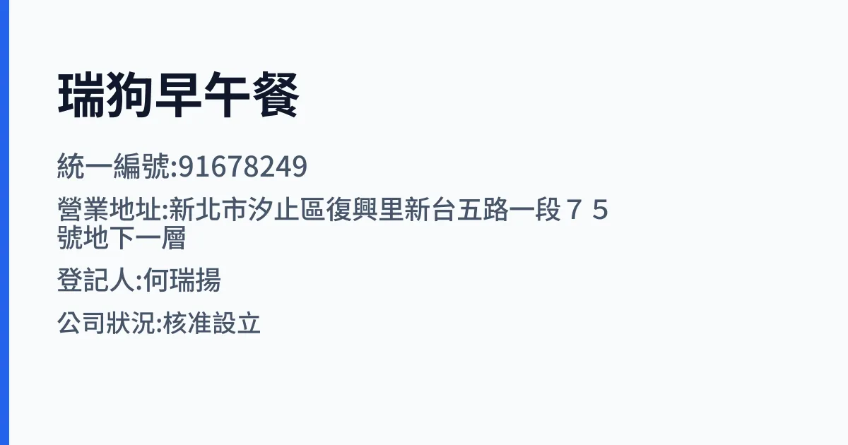 瑞狗早午餐 - 統編 91678249(新北市) 公司登記資料與營業項目詳細圖表