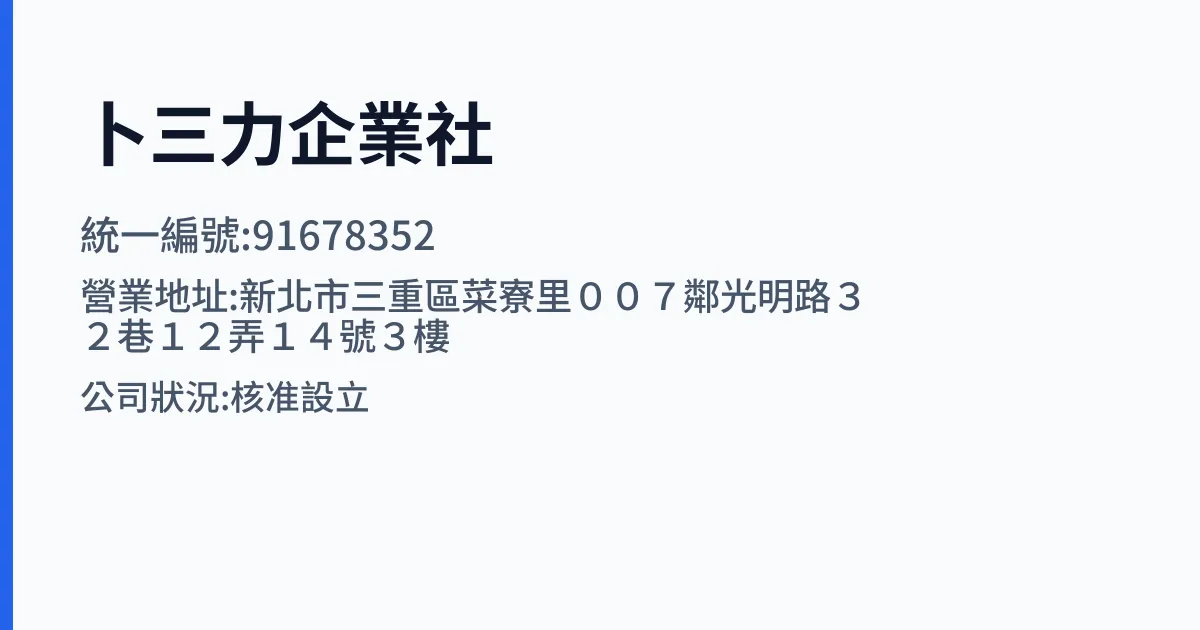卜三力企業社 - 統編 91678352(新北市) 公司登記資料與營業項目詳細圖表
