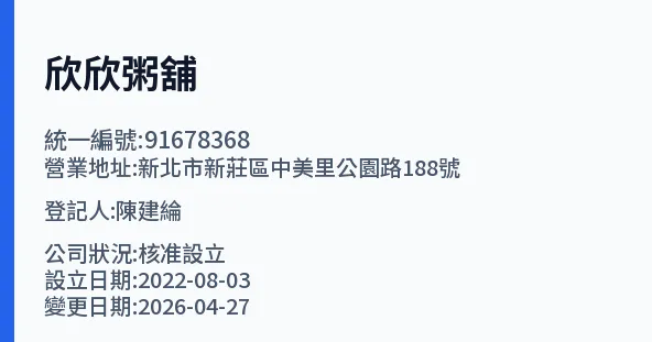 欣欣粥舖的照片-統編 91678368(新北市) 公司登記資料與營業項目詳細圖表