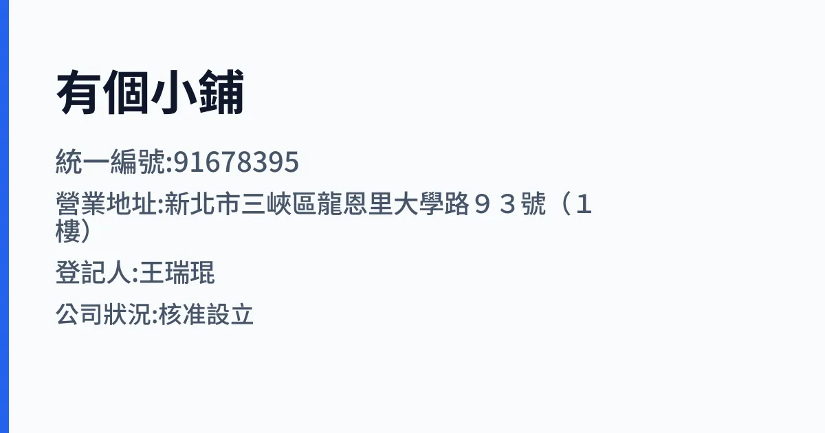 有個小鋪 - 統編 91678395(新北市) 公司登記資料與營業項目詳細圖表
