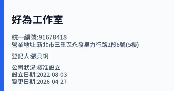 好為工作室的照片-統編 91678418(新北市) 公司登記資料與營業項目詳細圖表