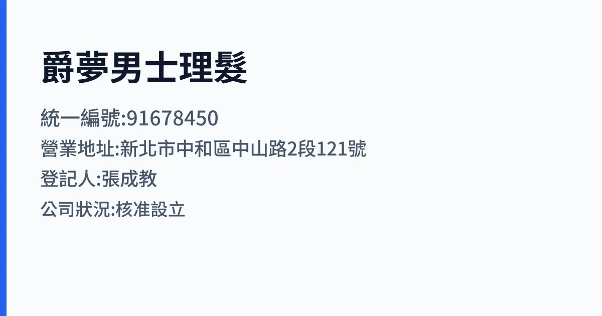 爵夢男士理髮 - 統編 91678450(新北市) 公司登記資料與營業項目詳細圖表