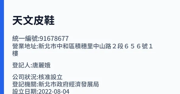 天文皮鞋的照片-統編 91678677(新北市) 公司登記資料與營業項目詳細圖表