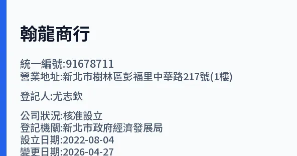 翰龍商行的照片-統編 91678711(新北市) 公司登記資料與營業項目詳細圖表