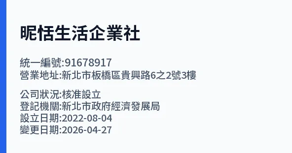 昵恬生活企業社的照片-統編 91678917(新北市) 公司登記資料與營業項目詳細圖表