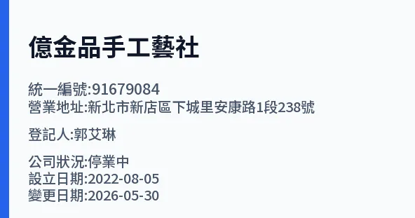 億金品手工藝社的照片-統編 91679084(新北市) 公司登記資料與營業項目詳細圖表