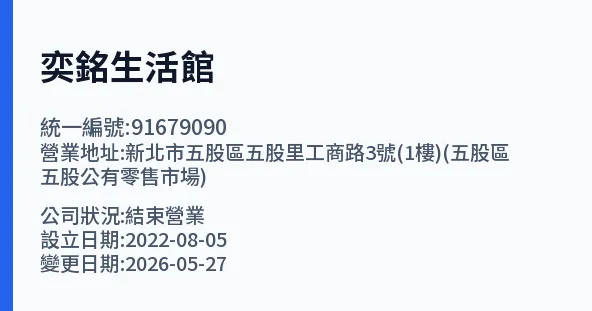 奕銘生活館的照片-統編 91679090(新北市) 公司登記資料與營業項目詳細圖表