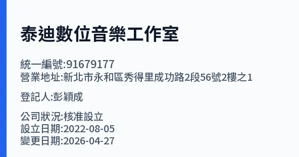 泰迪數位音樂工作室的照片-統編 91679177(新北市) 公司登記資料與營業項目詳細圖表