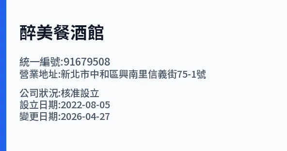 醉美餐酒館的照片-統編 91679508(新北市) 公司登記資料與營業項目詳細圖表