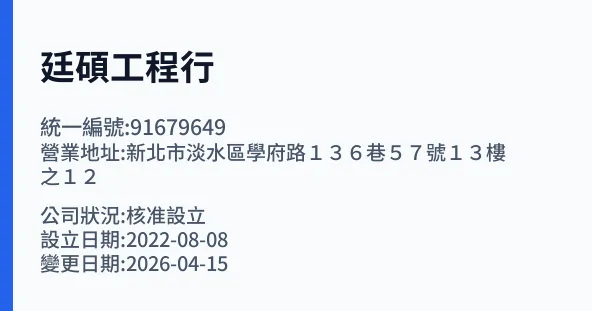 廷碩工程行的照片-統編 91679649(新北市) 公司登記資料與營業項目詳細圖表