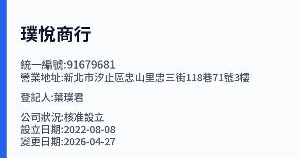 璞悅商行的照片-統編 91679681(新北市) 公司登記資料與營業項目詳細圖表