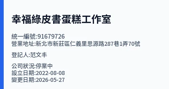 幸福綠皮書蛋糕工作室的照片-統編 91679726(新北市) 公司登記資料與營業項目詳細圖表