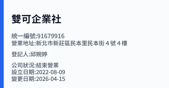 雙可企業社的照片-統編 91679916(新北市) 公司登記資料與營業項目詳細圖表