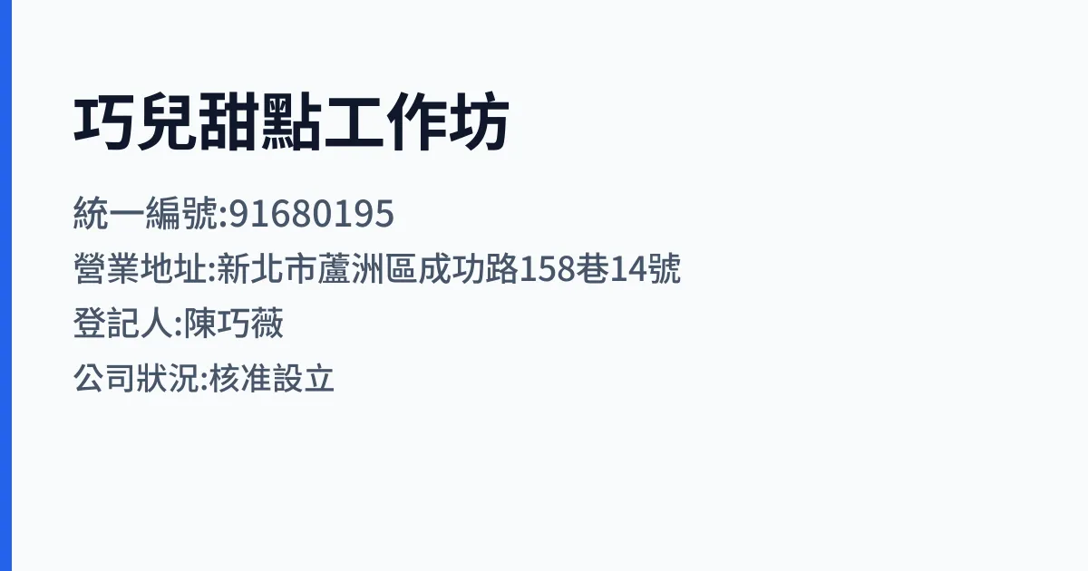 巧兒甜點工作坊 - 統編 91680195(新北市) 公司登記資料與營業項目詳細圖表