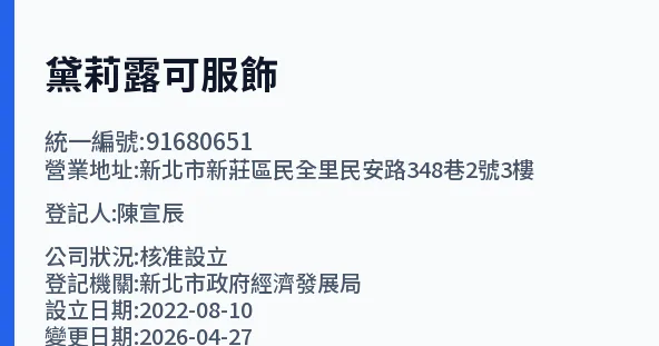 黛莉露可服飾的照片-統編 91680651(新北市) 公司登記資料與營業項目詳細圖表