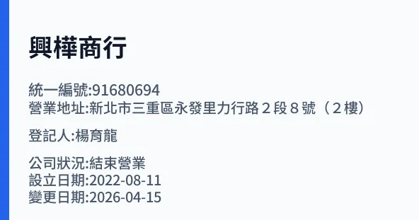興樺商行的照片-統編 91680694(新北市) 公司登記資料與營業項目詳細圖表