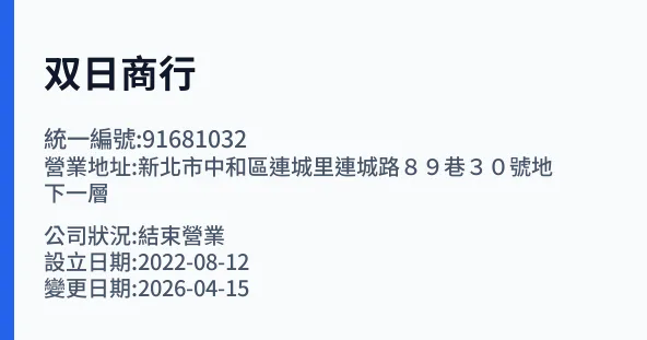 双日商行的照片-統編 91681032(新北市) 公司登記資料與營業項目詳細圖表