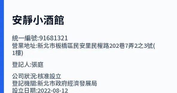 安靜小酒館的照片-統編 91681321(新北市) 公司登記資料與營業項目詳細圖表