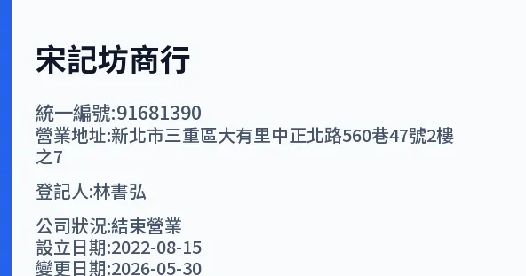 宋記坊商行的照片-統編 91681390(新北市) 公司登記資料與營業項目詳細圖表