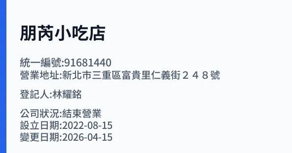 朋芮小吃店的照片-統編 91681440(新北市) 公司登記資料與營業項目詳細圖表