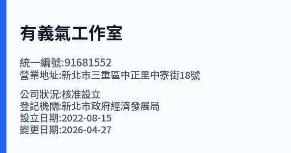 有義氣工作室的照片-統編 91681552(新北市) 公司登記資料與營業項目詳細圖表
