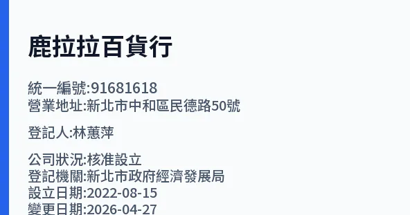鹿拉拉百貨行的照片-統編 91681618(新北市) 公司登記資料與營業項目詳細圖表