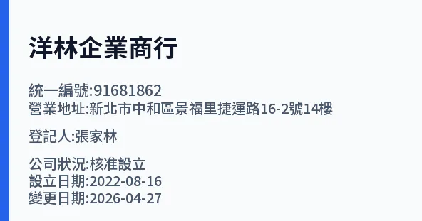 洋林企業商行的照片-統編 91681862(新北市) 公司登記資料與營業項目詳細圖表