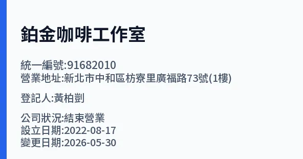 鉑金咖啡工作室的照片-統編 91682010(新北市) 公司登記資料與營業項目詳細圖表