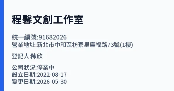 程馨文創工作室的照片-統編 91682026(新北市) 公司登記資料與營業項目詳細圖表