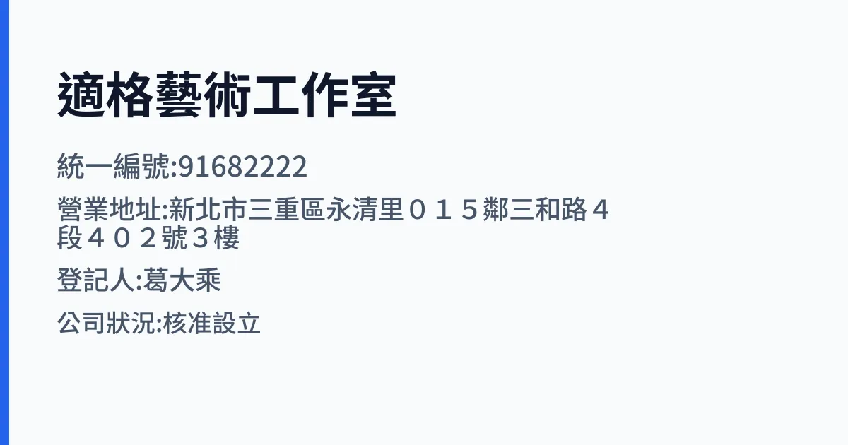適格藝術工作室 - 統編 91682222(新北市) 公司登記資料與營業項目詳細圖表