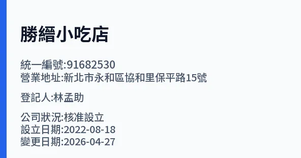 勝縉小吃店的照片-統編 91682530(新北市) 公司登記資料與營業項目詳細圖表