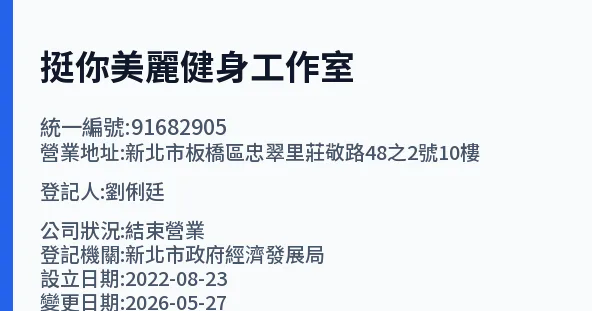 挺你美麗健身工作室的照片-統編 91682905(新北市) 公司登記資料與營業項目詳細圖表