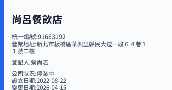 尚呂餐飲店的照片-統編 91683192(新北市) 公司登記資料與營業項目詳細圖表