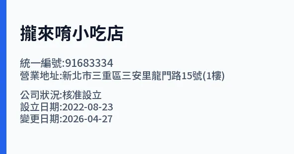 攏來唷小吃店的照片-統編 91683334(新北市) 公司登記資料與營業項目詳細圖表