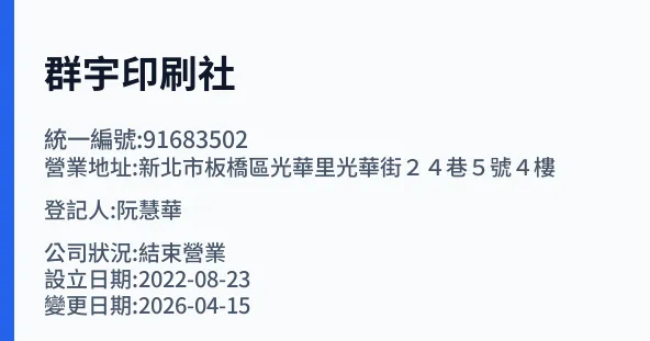 群宇印刷社的照片-統編 91683502(新北市) 公司登記資料與營業項目詳細圖表
