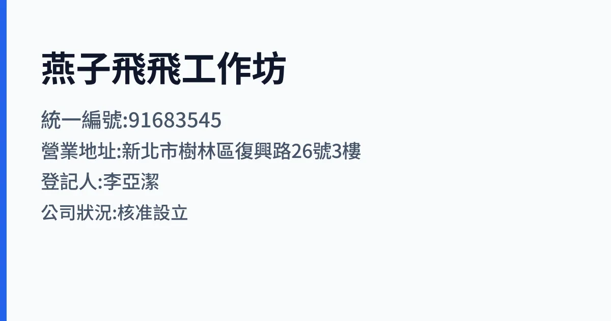 燕子飛飛工作坊 - 統編 91683545（新北市） 公司登記資料與營業項目詳細圖表