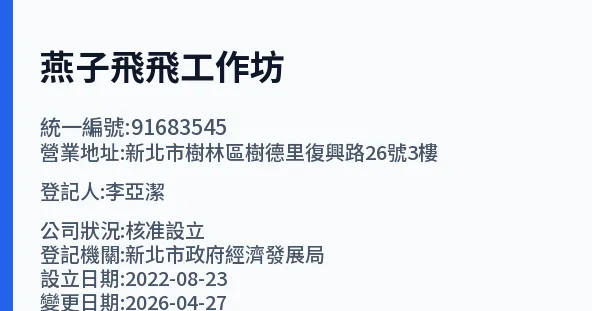 燕子飛飛工作坊的照片-統編 91683545(新北市) 公司登記資料與營業項目詳細圖表