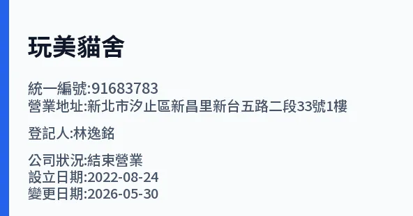 玩美貓舍的照片-統編 91683783(新北市) 公司登記資料與營業項目詳細圖表