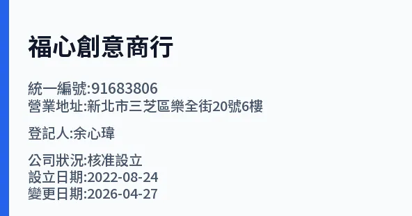 福心創意商行的照片-統編 91683806(新北市) 公司登記資料與營業項目詳細圖表
