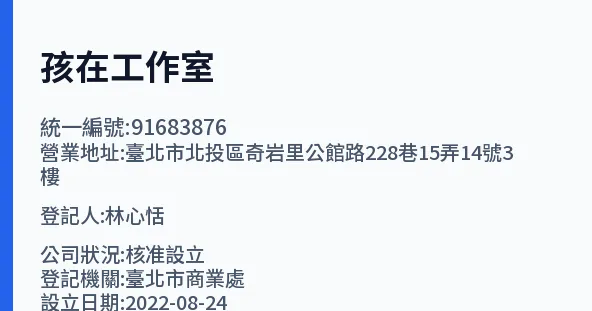 孩在工作室的照片-統編 91683876(臺北市) 公司登記資料與營業項目詳細圖表