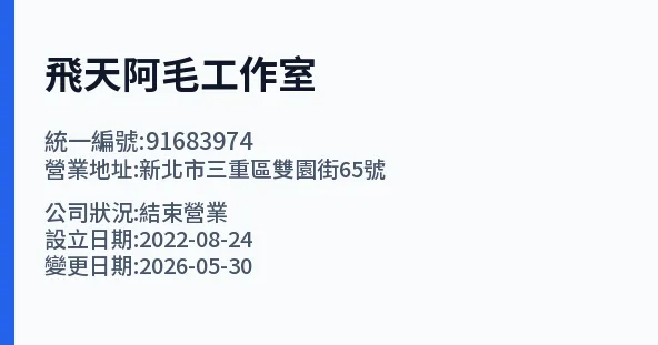 飛天阿毛工作室的照片-統編 91683974(新北市) 公司登記資料與營業項目詳細圖表