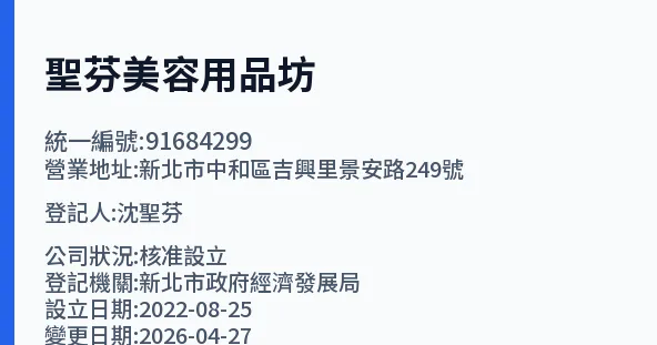 聖芬美容用品坊的照片-統編 91684299(新北市) 公司登記資料與營業項目詳細圖表
