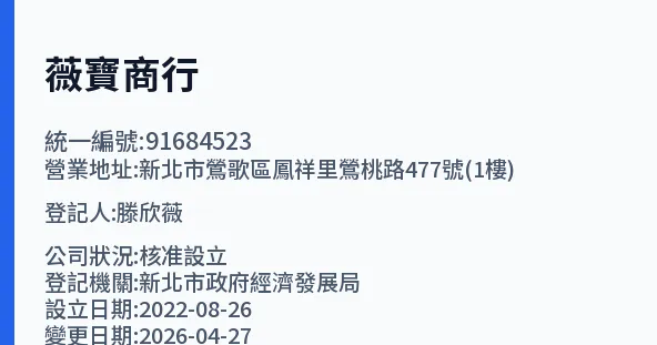 薇寶商行的照片-統編 91684523(新北市) 公司登記資料與營業項目詳細圖表