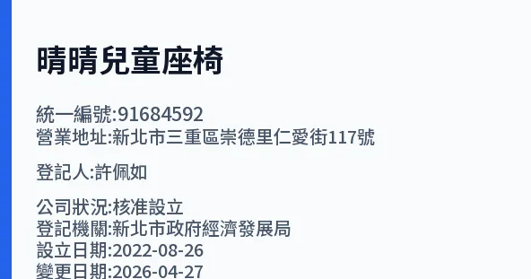 晴晴兒童座椅的照片-統編 91684592(新北市) 公司登記資料與營業項目詳細圖表