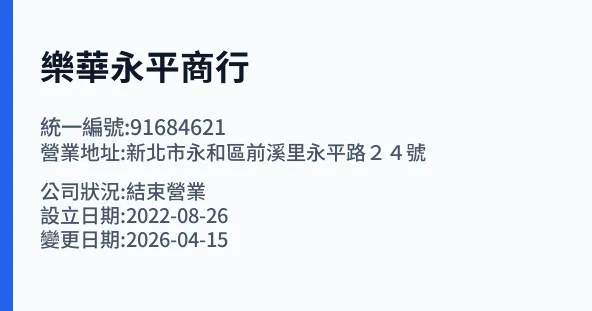樂華永平商行的照片-統編 91684621(新北市) 公司登記資料與營業項目詳細圖表