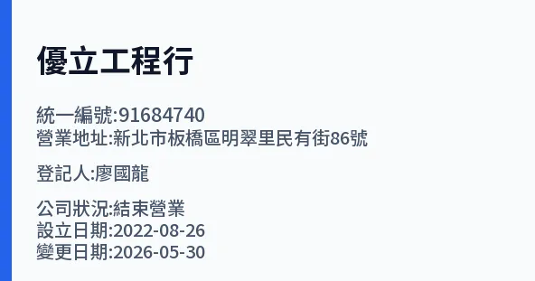 優立工程行的照片-統編 91684740(新北市) 公司登記資料與營業項目詳細圖表