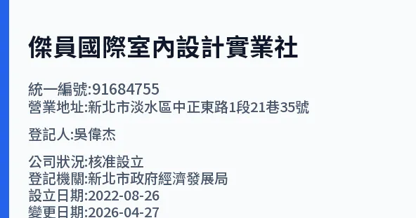傑員國際室內設計實業社的照片-統編 91684755(新北市) 公司登記資料與營業項目詳細圖表