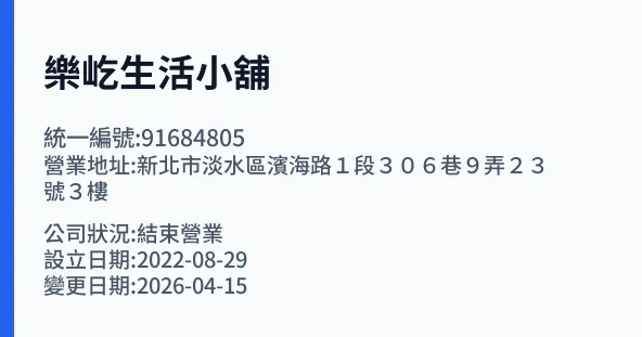 樂屹生活小舖的照片-統編 91684805(新北市) 公司登記資料與營業項目詳細圖表